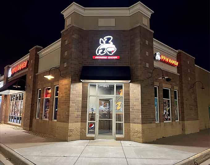 The glowing sign at night beckons like a beacon for anyone craving authentic ramen in Central Minnesota.