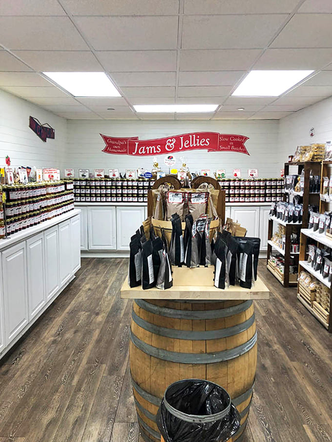 The jam aisle is a rainbow of preserved fruits, each jar representing hours of careful preparation and traditional methods preserved in our fast-food world.