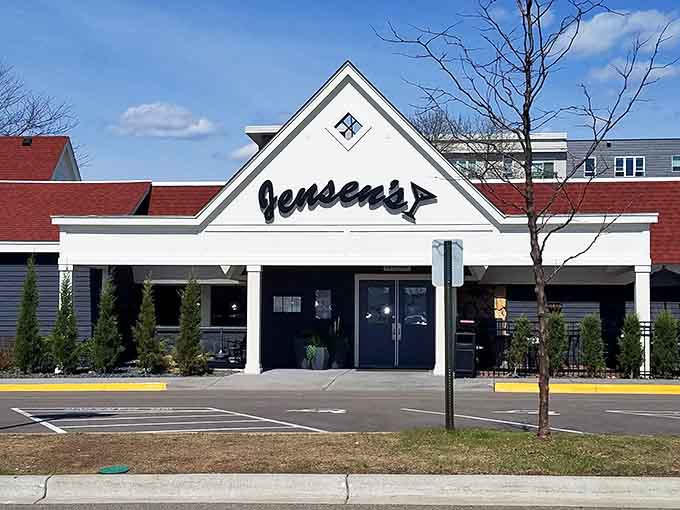 The exterior by day shows Jensen's ready to welcome diners for lunch or dinner in Eagan.
