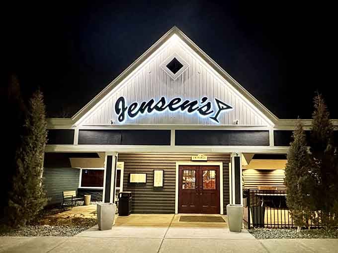Even at night, Jensen's exterior radiates warmth and welcome, inviting you to step inside and discover what makes this Eagan gem so special.