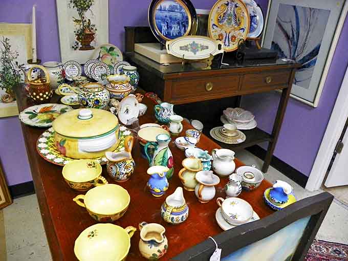 Colorful vintage ceramics brighten the shop like confetti from the past, each piece bringing its own personality to the carefully curated collection.