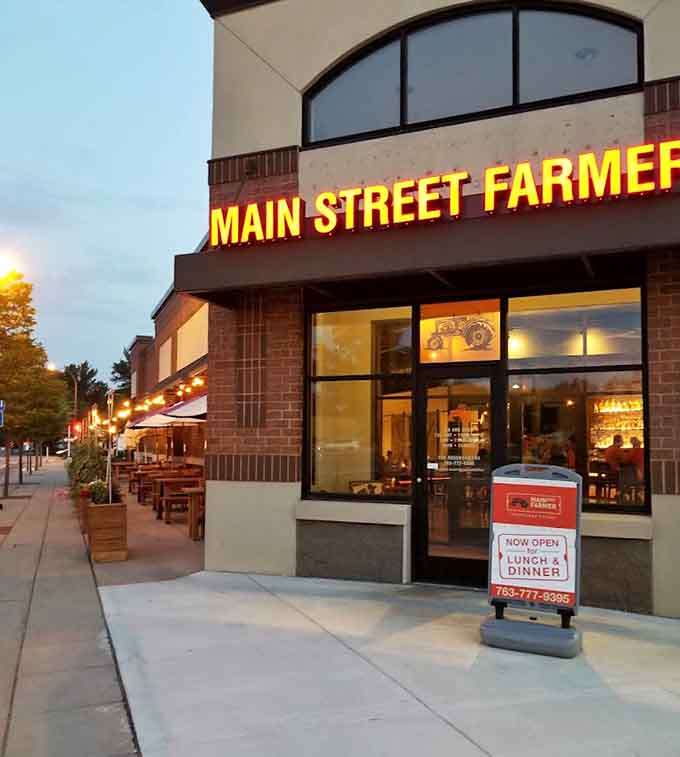 As evening settles in, Main Street Farmer Eatery glows with the promise of good food and better company in small-town Minnesota.