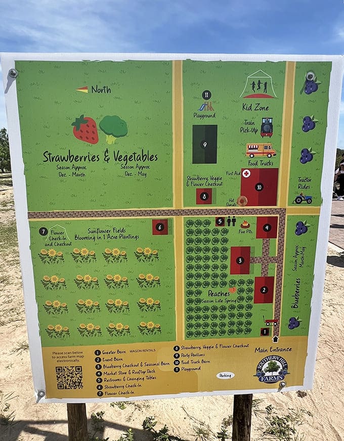 The farm map guides visitors through a wonderland of seasonal attractions, preventing the "we missed the sunflowers?!" vacation disappointment.