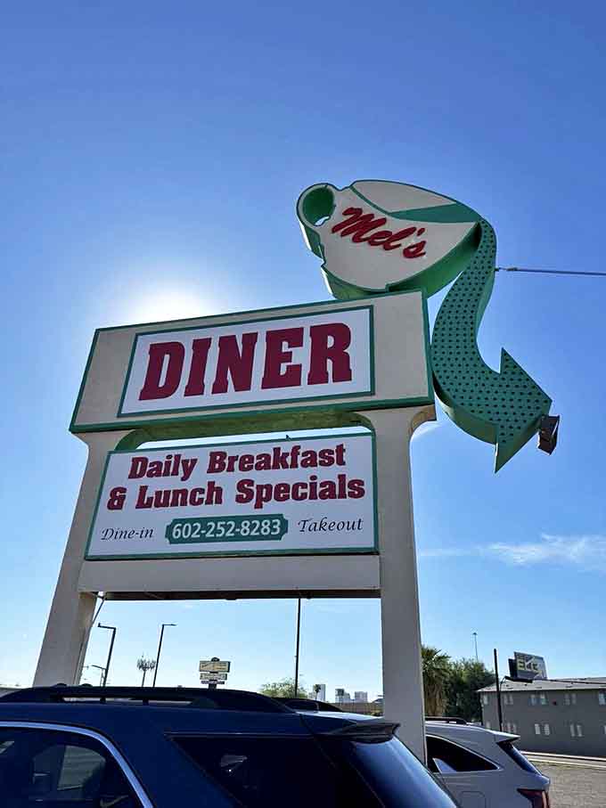 That vintage sign with its cheerful coffee cup design has been guiding hungry travelers to great food for decades along historic Route 66.