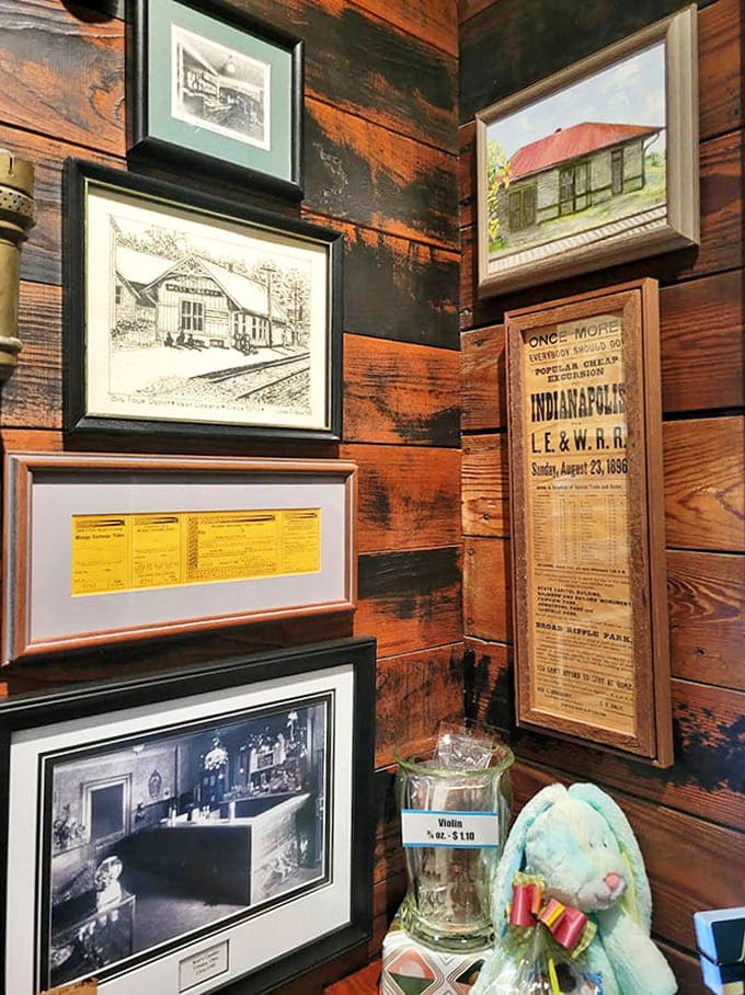 The walls tell stories of West Liberty's past, with vintage train schedules and photographs creating a museum-like backdrop for your chocolate adventure.