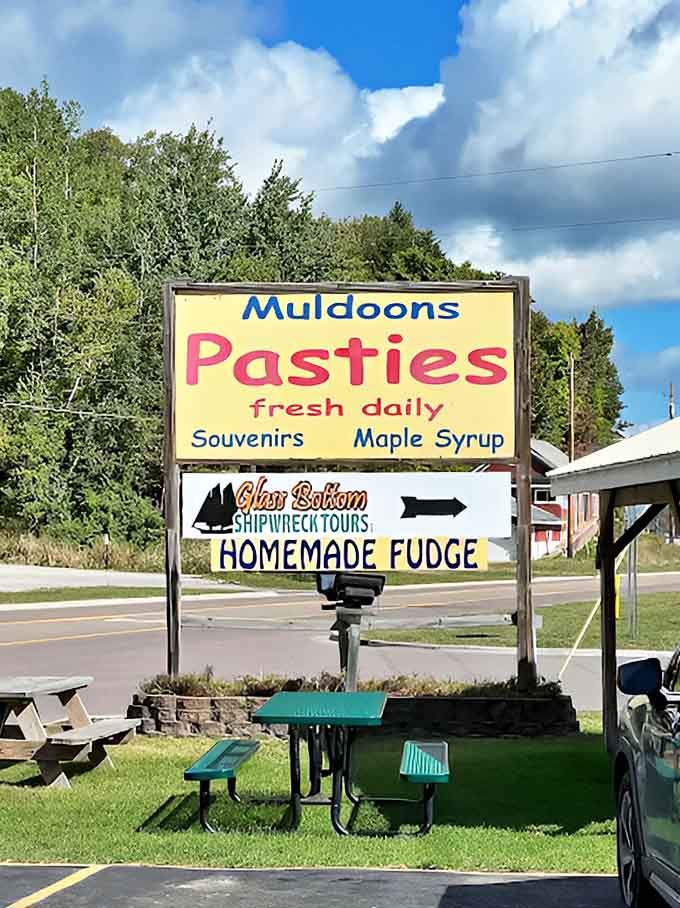 Roadside beacon: The Muldoons sign proudly announces "Pasties fresh daily," a promise that's kept from morning until the last pasty sells out.