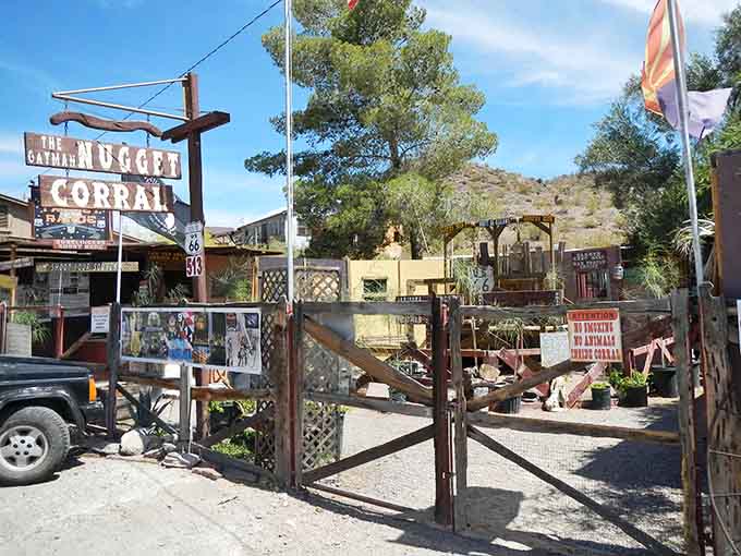 The Nugget Corral entrance beckons visitors to explore more of Oatman's eclectic offerings, because one shop is never enough here.