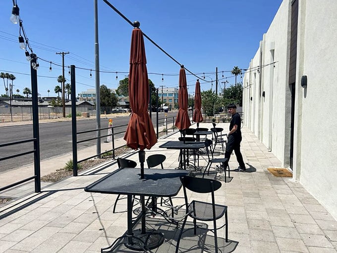 Arizona's perfect weather deserves outdoor dining to match &ndash; string lights and umbrella-shaded tables create an inviting space for al fresco enjoyment.