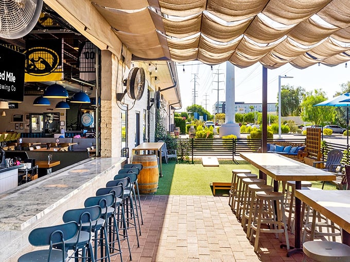 Arizona sunshine filtered through canvas creates the perfect urban oasis for people-watching with a cold pint in hand.