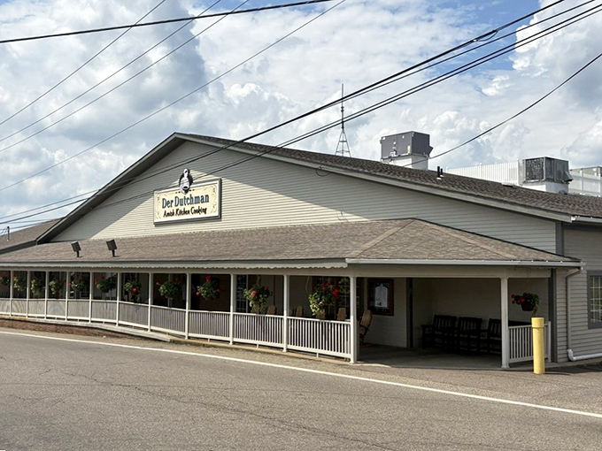 Another view of Der Dutchman's exterior &ndash; unassuming architecture hiding culinary greatness, like Clark Kent concealing Superman.
