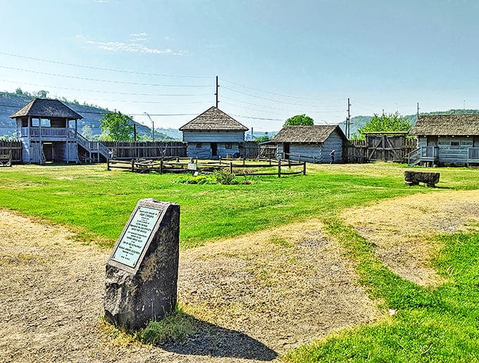 The fort's buildings create an authentic colonial village atmosphere, meticulously reconstructed on the original 1786 site.