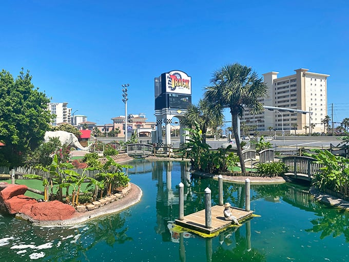 A peaceful moment at the park belies the excitement within – palm trees and water features create the perfect Florida backdrop.