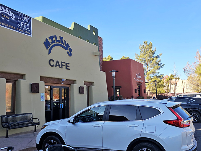 The exterior view reveals Miley's prime position in Sedona's landscape – a breakfast destination worth finding, even without your GPS.