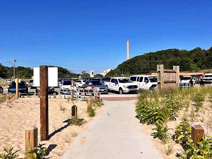 The parking area fills with adventure-seekers' vehicles, each representing someone who's discovered Michigan's answer to tropical paradise.