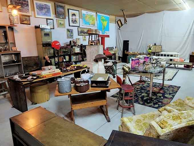 Even the quirky clown statue seems right at home amid the outdoor market's treasures &ndash; proof that Pop's Uniquities embraces the whimsical alongside the elegant.