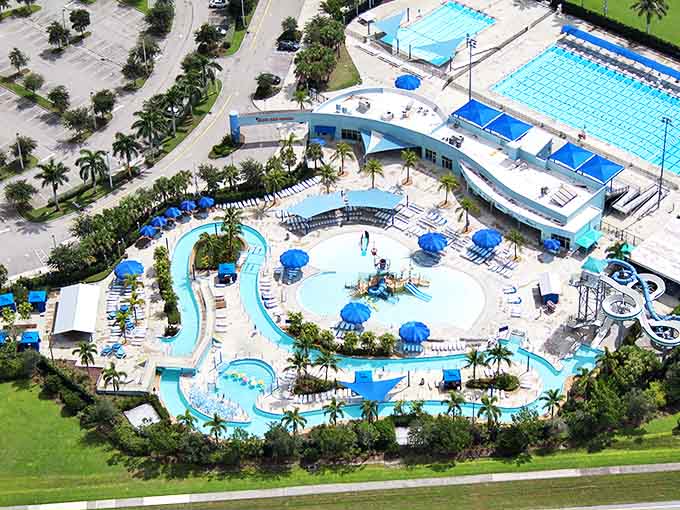 Nature and aquatic engineering in perfect harmony. From above, Sailfish Splash reveals itself as an oasis of blue curves amid Florida's lush landscape.