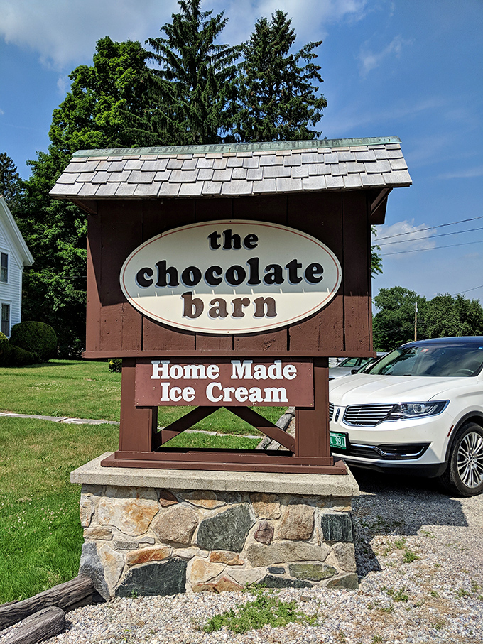 The Chocolate Barn's sign stands as a beacon for sweet-seekers traveling Route 7A. Many a road trip has been detoured because of this simple wooden announcement.