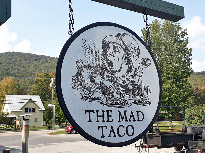 The whimsical Mad Hatter-inspired logo perfectly captures the slightly offbeat, always delightful spirit of this Vermont taco haven.