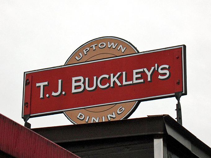 The T.J. Buckley's sign announces uptown dining in a downtown diner, perfectly capturing the delightful contradiction that makes this place so special.