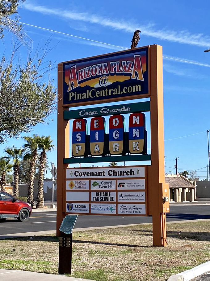The official entrance sign welcomes visitors to this desert gem, where Arizona's neon history has found sanctuary from the wrecking balls of progress.