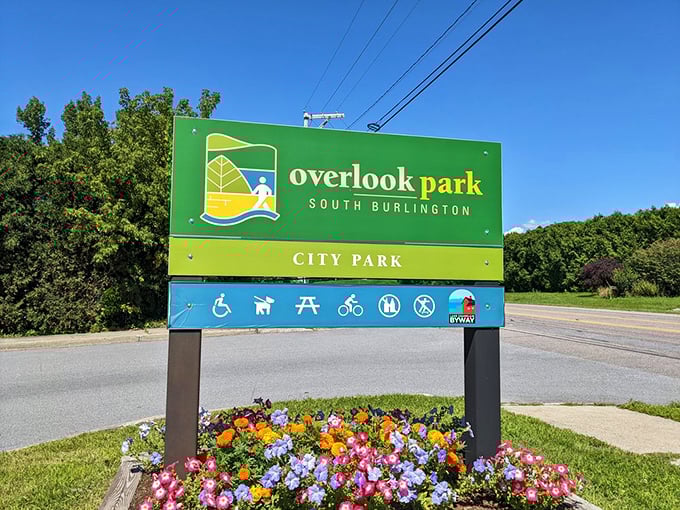 The welcoming sign to Overlook Park &ndash; your official invitation to one of Vermont's most breathtaking yet underrated natural viewpoints.