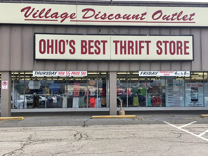 Bold claims backed by endless aisles of affordable finds. The half-price tag days mentioned on these windows draw crowds of dedicated thrifters armed with shopping strategies.