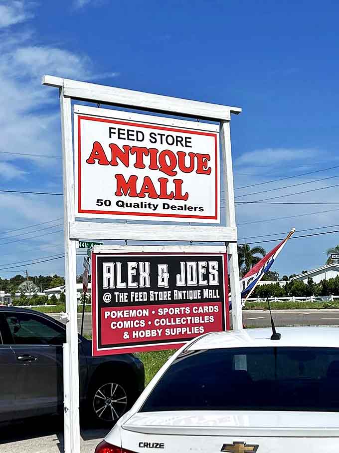 The unmistakable roadside beacon announces "Feed Store Antique Mall" above specialized vendors like "Alex & Joe's" &ndash; promising Pokemon cards and collectibles within.