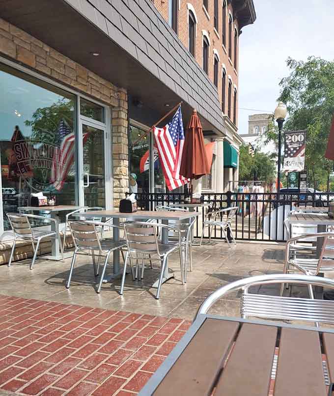 Sidewalk seating lets you enjoy your pizza al fresco, watching downtown Bellefontaine while garlic knots disappear from your plate.