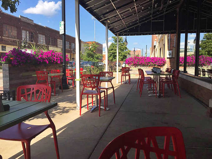 The outdoor seating area offers a perfect perch for people-watching and enjoying Peoria's downtown atmosphere while savoring your meal in the fresh air.