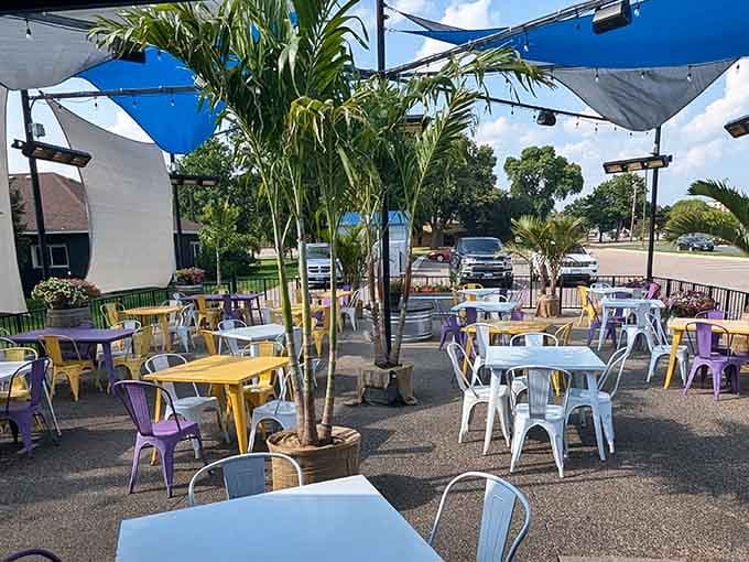 Colorful outdoor seating with umbrellas creates an unexpectedly cheerful patio space for Minnesota's nice weather days.