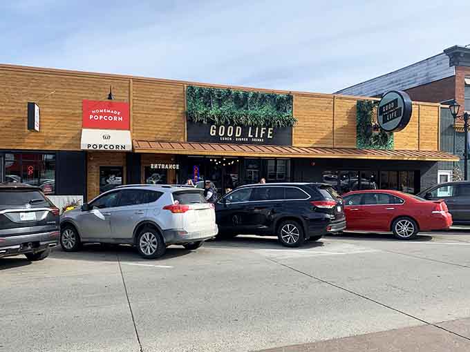 The exterior's modern design stands out on Park Rapids' main street, with its distinctive wood and greenery facade drawing hungry diners inside daily.