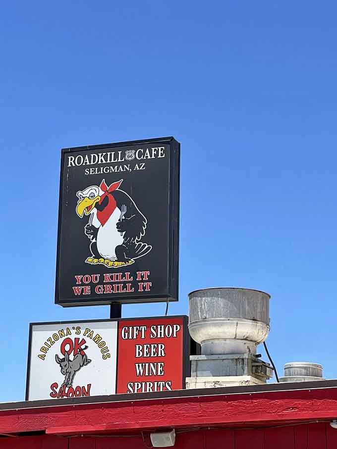 Vintage signage outside captures the nostalgic spirit of classic American highway culture perfectly and proudly.