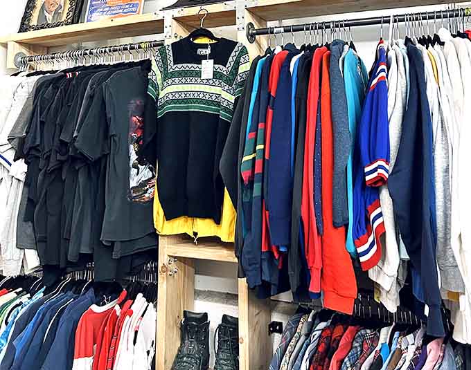 Men's vintage apparel hangs ready to transform modern wardrobes into retro statements that'll make everyone ask where you shop.