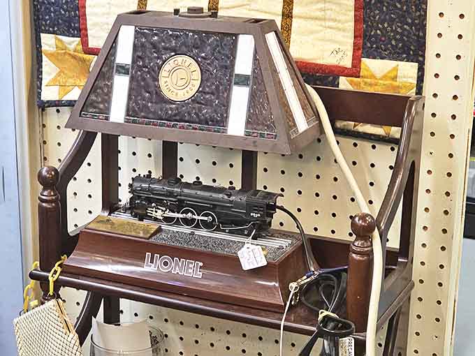 A Lionel train lamp chugs along the border between functional lighting and whimsical decor, perfect for the railroad enthusiast.