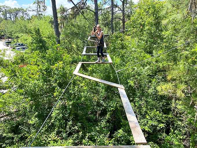 Navigating the aerial zigzag bridge &ndash; where each step forward feels like a personal victory against both gravity and common sense.