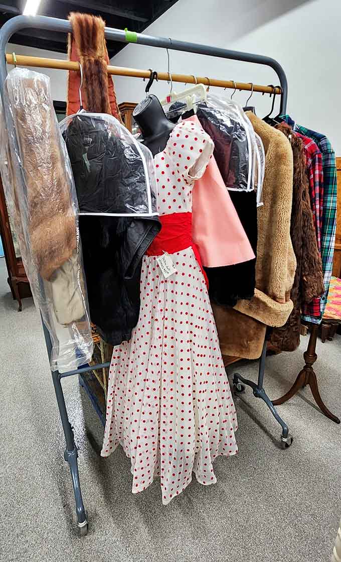 A polka dot dress hangs ready for its next dance, proving that some styles are too good to stay retired.