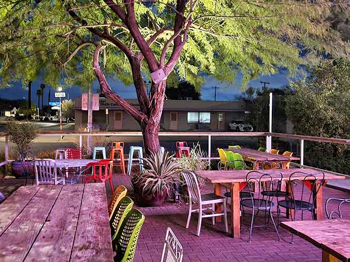 The outdoor seating area is where Phoenix locals gather to enjoy great food under the Arizona sky, day or night.