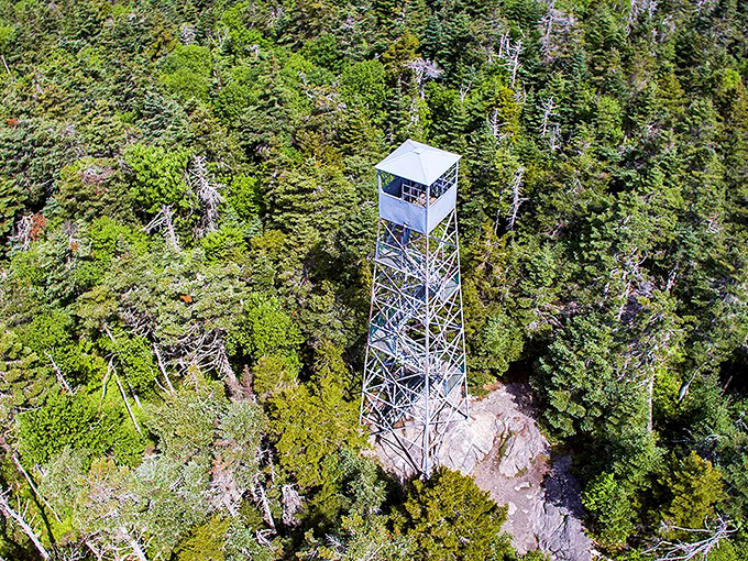 Aerial views reveal the tower's perfect placement, a human pinpoint in nature's vastness that somehow enhances rather than intrudes upon it.