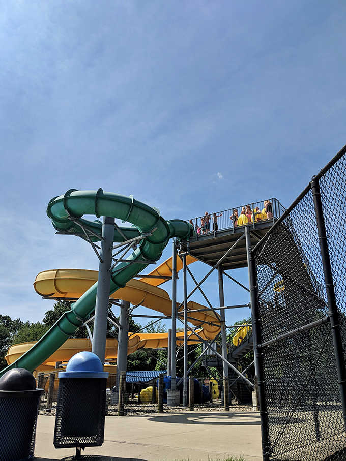 The climb to the top of these slides offers a moment of reflection: "Why did I think this was a good idea?"
