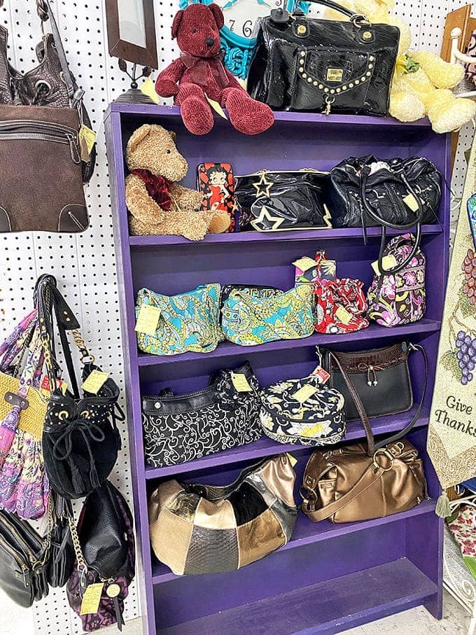 Vintage handbags in a rainbow of styles hang like fashion time capsules, each purse once the trusted carrier of lipstick, letters, and life's essentials.