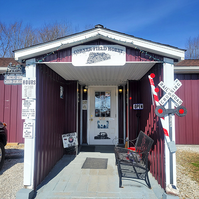 The inviting entrance to Corner Field Hobby – where train enthusiasts are welcomed like family returning home.