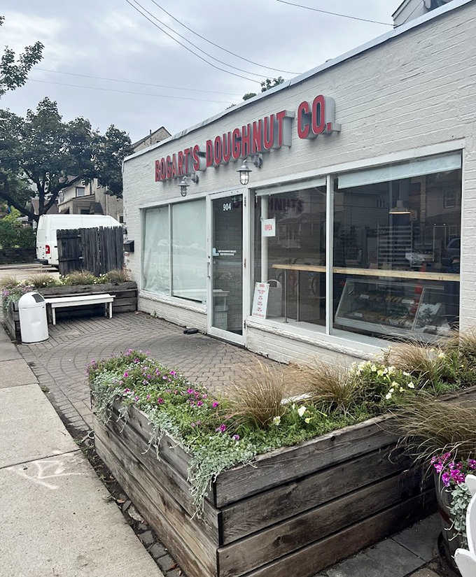 Another angle of donut paradise—the modest exterior of Bogart's gives no hint of the culinary magic happening inside those white brick walls.