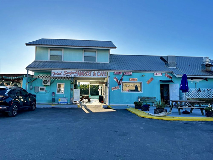 Morning light bathes the market in a golden glow. The day's seafood adventure awaits behind those turquoise walls.