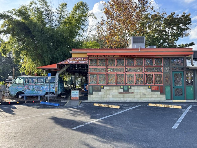 From the parking lot, Satchel's distinctive building stands as a colorful beacon for pizza pilgrims seeking something beyond the ordinary.