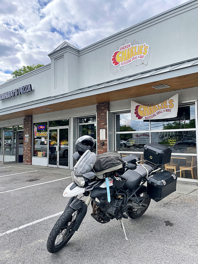A motorcycle parked outside Charlie's &ndash; even riders know this is a destination worth the journey for barbecue that lives up to the hype.