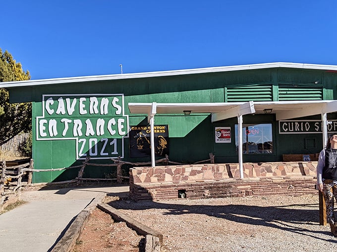 The mint-green exterior gives off perfect retro vibes, making it impossible to resist stopping for underground adventures.