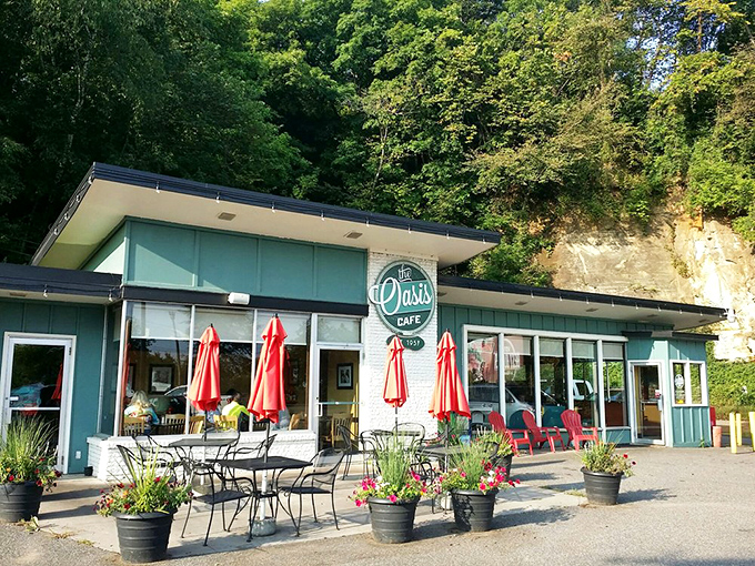 Summer at the Oasis – where outdoor seating and colorful planters create the perfect backdrop for burger bliss.