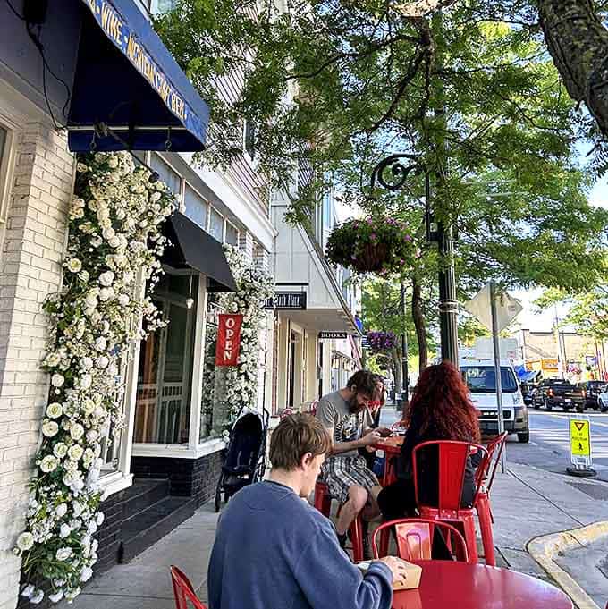 Outdoor dining at its finest&mdash;white flowers, red chairs, and the promise of French pastries make this sidewalk caf&eacute; pure Michigan magic.