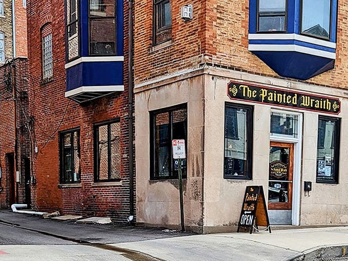 The exterior corner location gives this curiosity shop a distinctive presence that stands out among more conventional neighboring businesses.