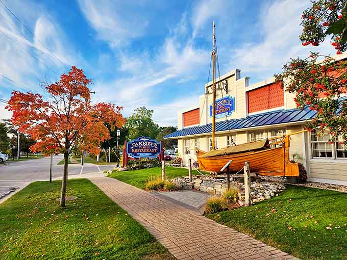 Fall colors frame Darrow's exterior, creating a postcard-perfect scene that captures the restaurant's place in Michigan's seasonal beauty.